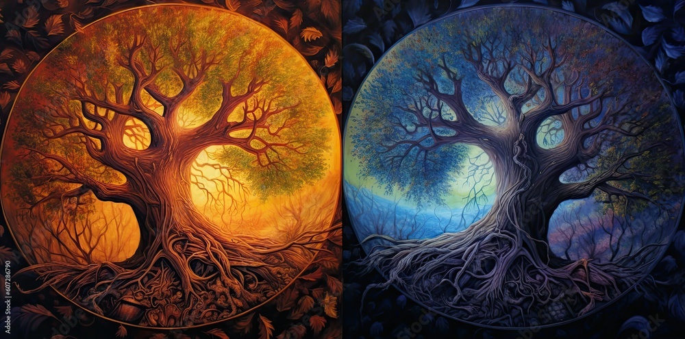 Colorful trees of Life. Symbol of the life cycle and the link between ...