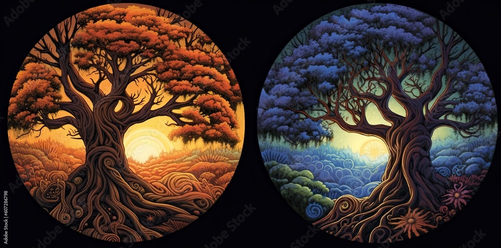 Colorful trees of Life. Symbol of the life cycle and the link between ...