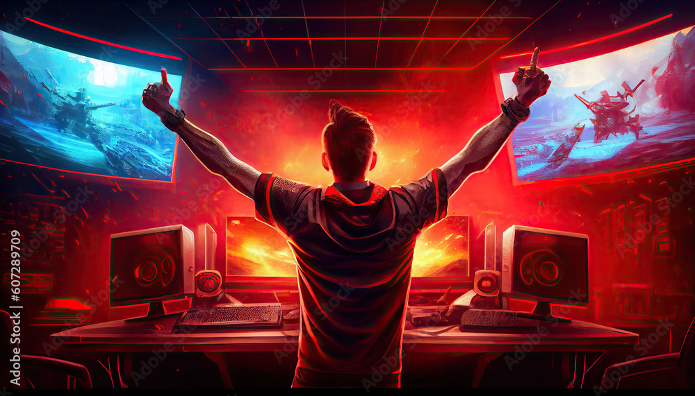 Professional eSports gamer rejoices in the victory and red game room ...