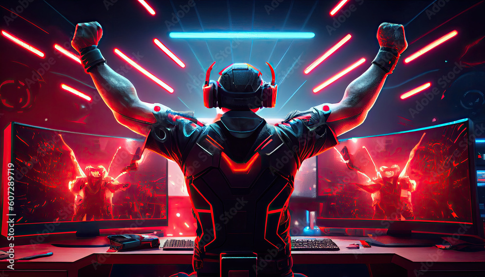 Professional eSports gamer rejoices in the victory and red game room ...