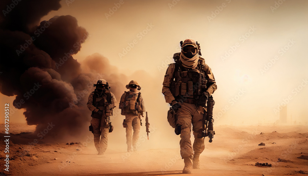 Military special forces soldiers crosses destroyed warzone through fire ...