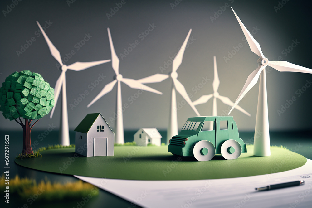 Paper art , renewable energy with green energy as wind turbines ...