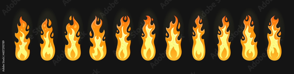Cartoon fire flame sprite animation, bonfire or torch burn, vector loop ...