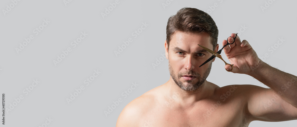 Banner of men hairstyle, haircut. Guy with scissors. Mens haircare ...