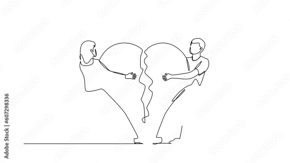 Animated self drawing of continuous line draw lovers broken heart. Man ...