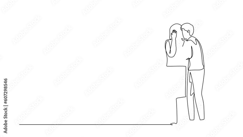 Self drawing animation of single line draw man comforting her crying ...