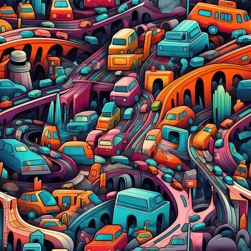 Busy futuristic city transportations cars and interchanges seamless ...