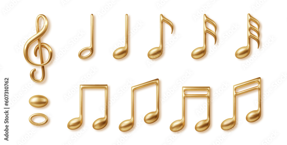 Gold music notes collection isolated. Vector 3d realistic icon ...