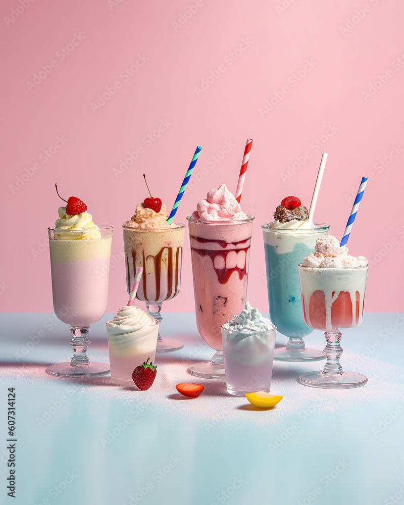 Various ice creams popsicles and milkshakes on pastel colorful ...