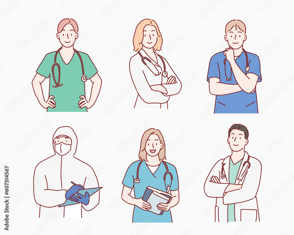 Frontline heroes, Illustration of doctors and nurses characters. Hand ...