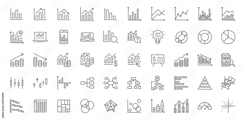 Chart line icons set. Graph, finance report, income growth, economy ...