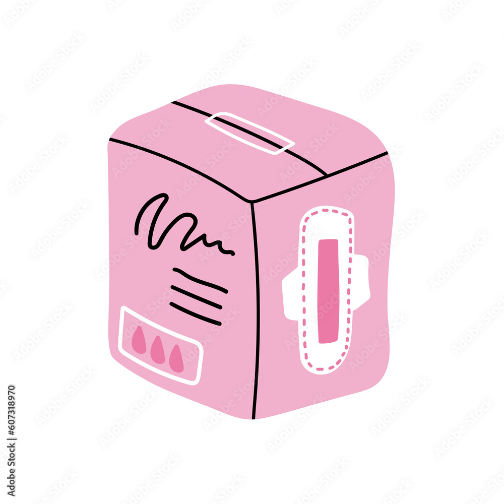 Menstrual pad packaging isolated on white. Cute hand drawn cartoon ...