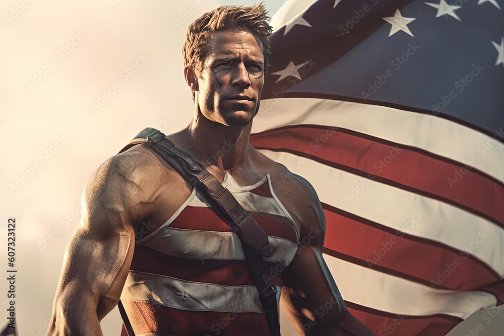 Patriotic Bodybuilder in Front of American Flag - Character Portrait ...