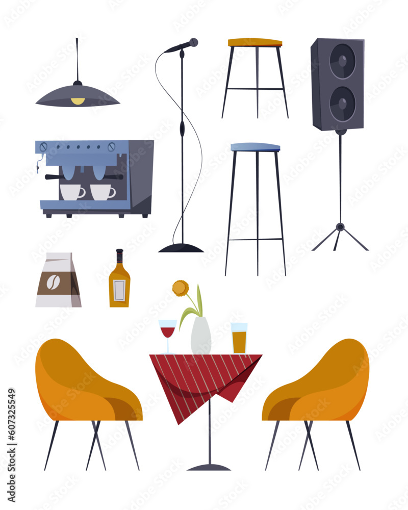 Furniture for bar or pub with live music cartoon vector interior design ...