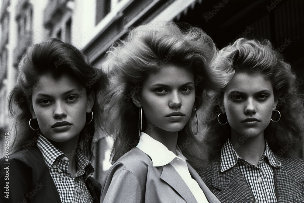 Fashionable Model Girls Pose In Stylish Clothes On City Street Vintage