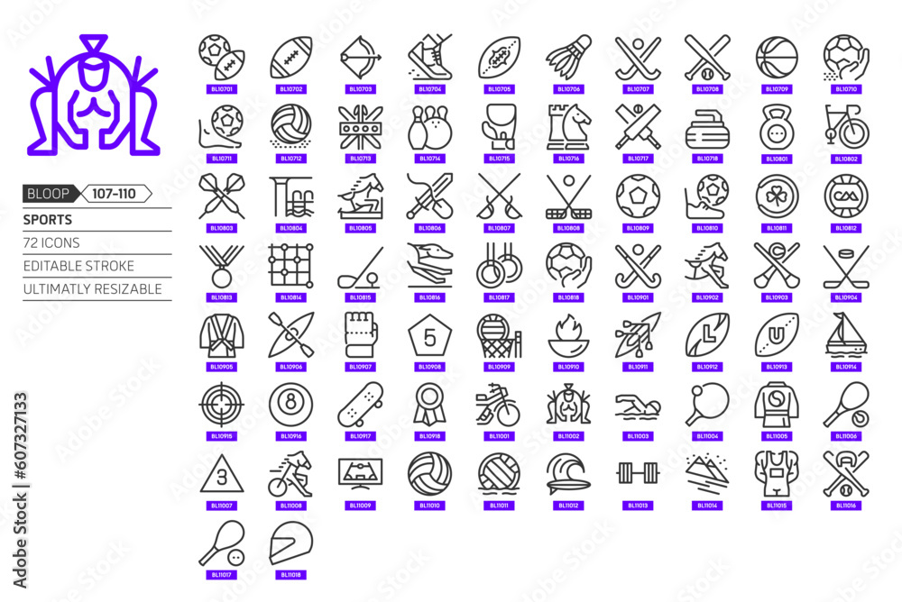 Sports related, pixel perfect, editable stroke, up scalable, line, vector bloop icon set. Stock ...