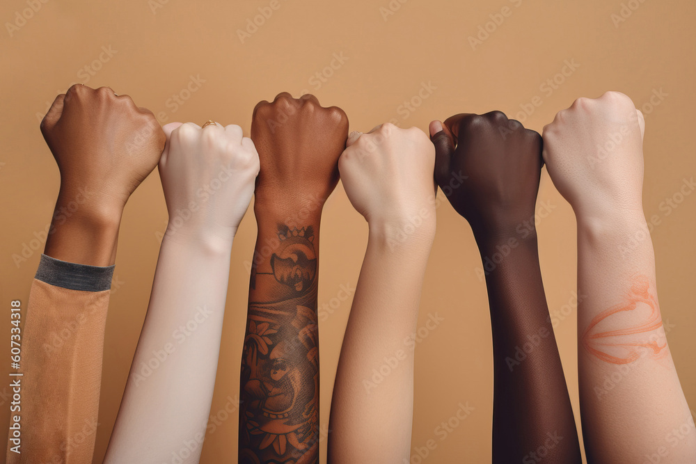 Race and gender diverse arms on a neutral background. Embracing ...