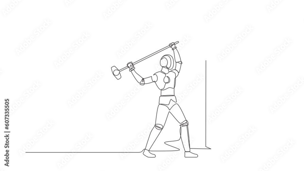 Self drawing animation of single one line draw robot hitting wall with ...