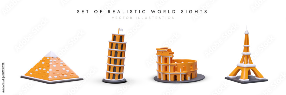 Set of realistic architectural monuments of world. Collection of 3D ...