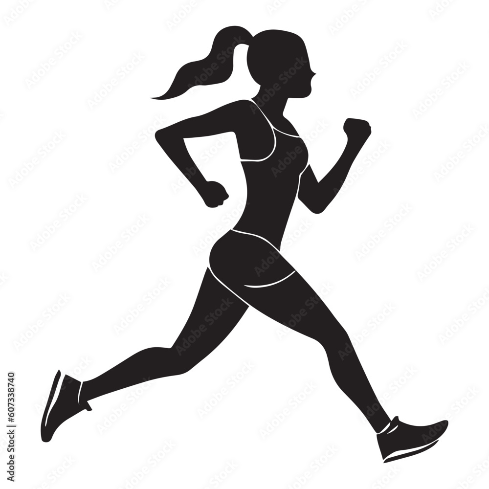 Girl Running Vector Silhouette, black and white vector silhouette Stock ...