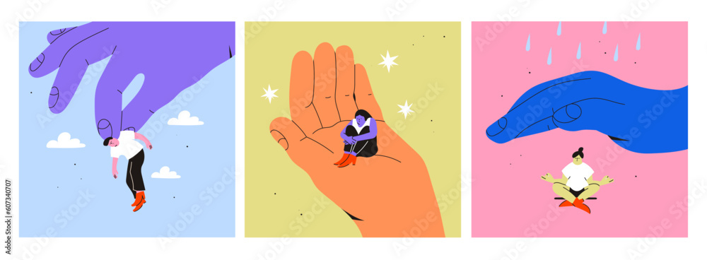 Set of big hands and small people. Giant hand holding and covering tiny ...