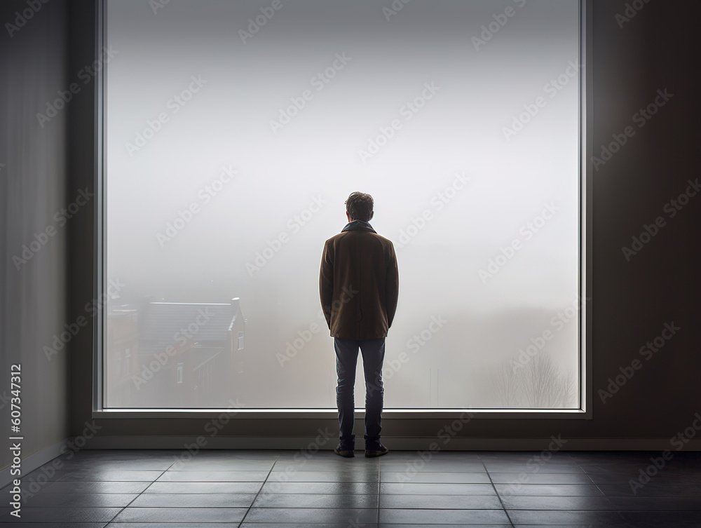 Person standing alone by a window, looking out into the distance. Stock ...