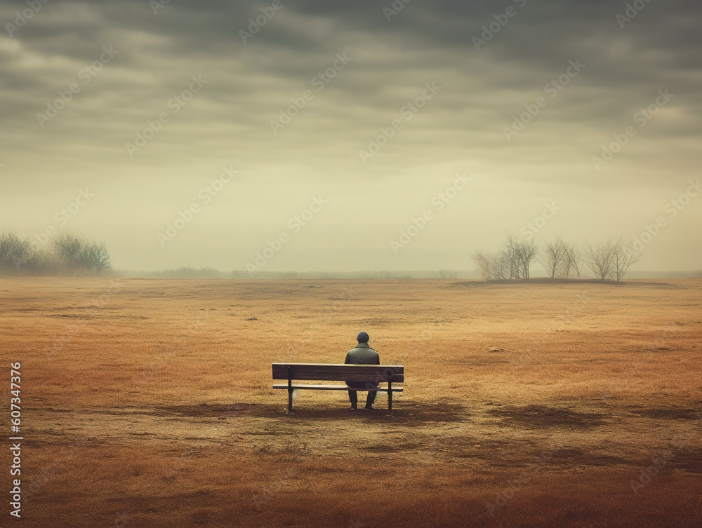 The person sitting alone on a desolate park bench, surrounded by an ...