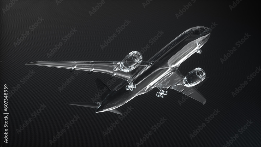 Taking off Glass Passenger Airplane 787 on Black Carbon Background ...