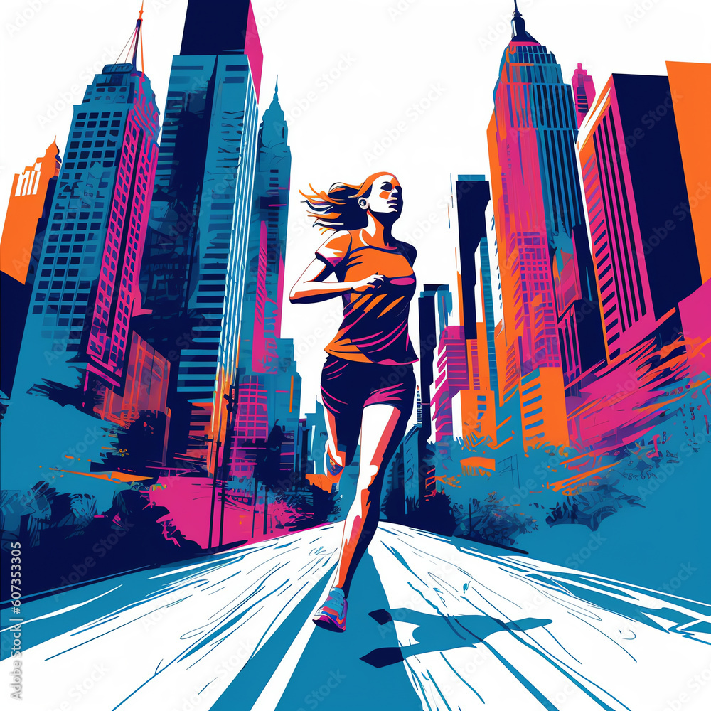 Generative AI Running infographics. Woman running with city landscape ...
