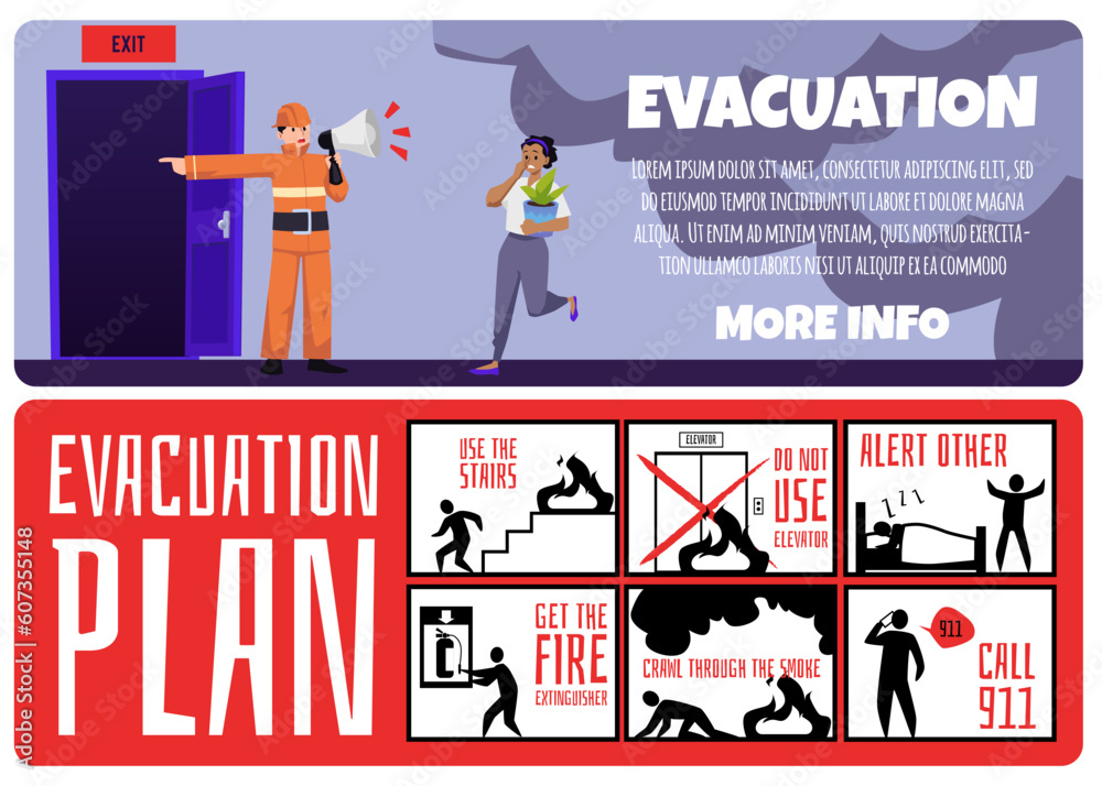Póster Fire evacuation infographic posters set, flat cartoon vector ...