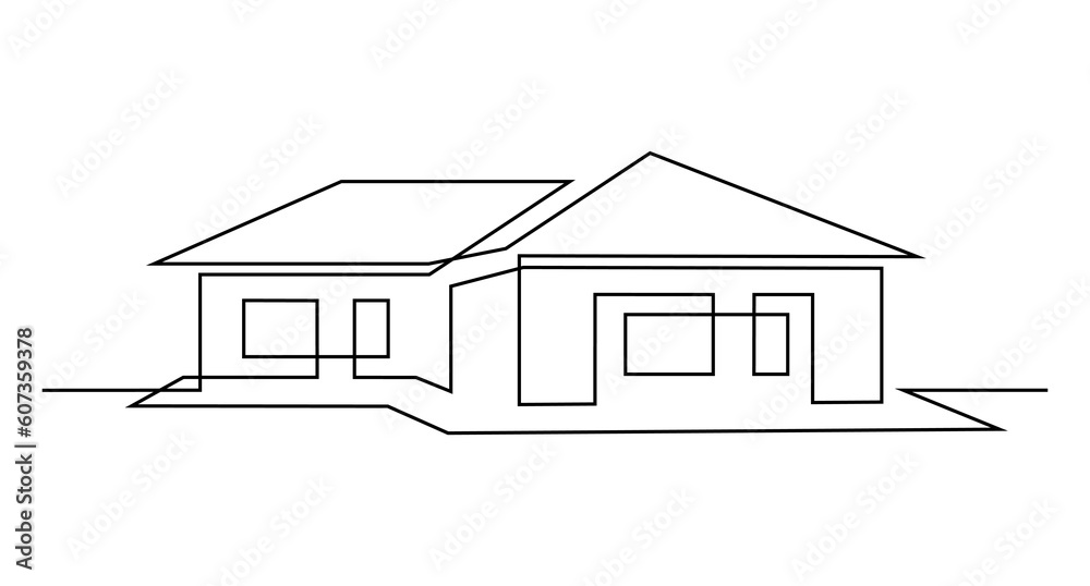 Detached family house in continuous line art drawing style. Country ...