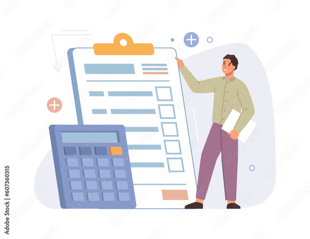 Man using calculator and calculate bills, flat cartoon. Vector tax form ...