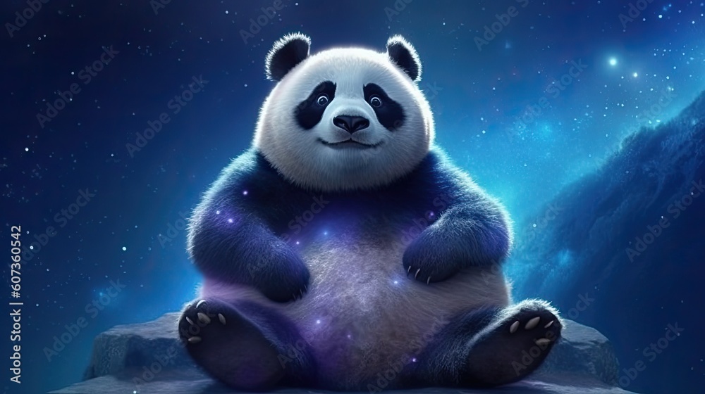 panda sitting under a starry night sky. dark blues and purples for the ...