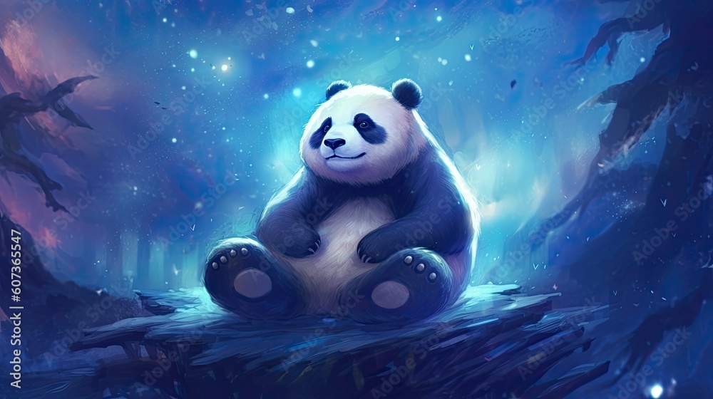 panda sitting under a starry night sky. dark blues and purples for the ...