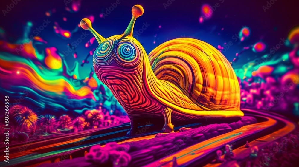 Psychedelic trippy snail cartoon 70s, rave style, acid color. Retrowave ...