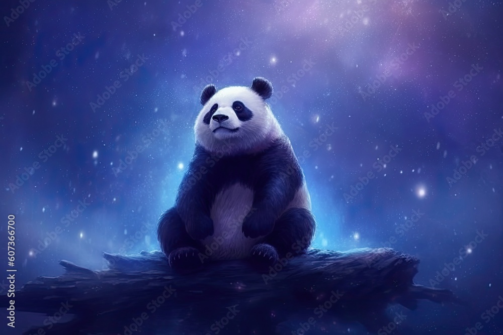 panda sitting under a starry night sky. dark blues and purples for the ...