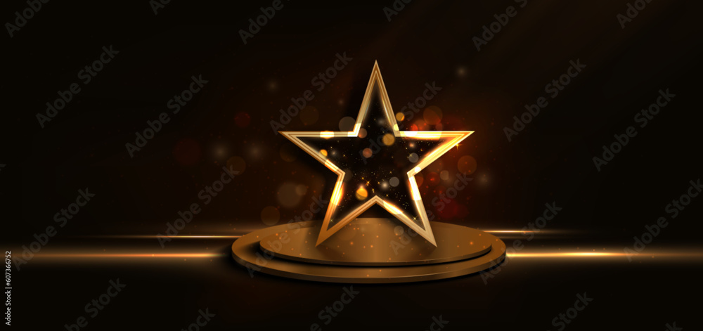 3D golden star with golden on dark brown background with lighting ...