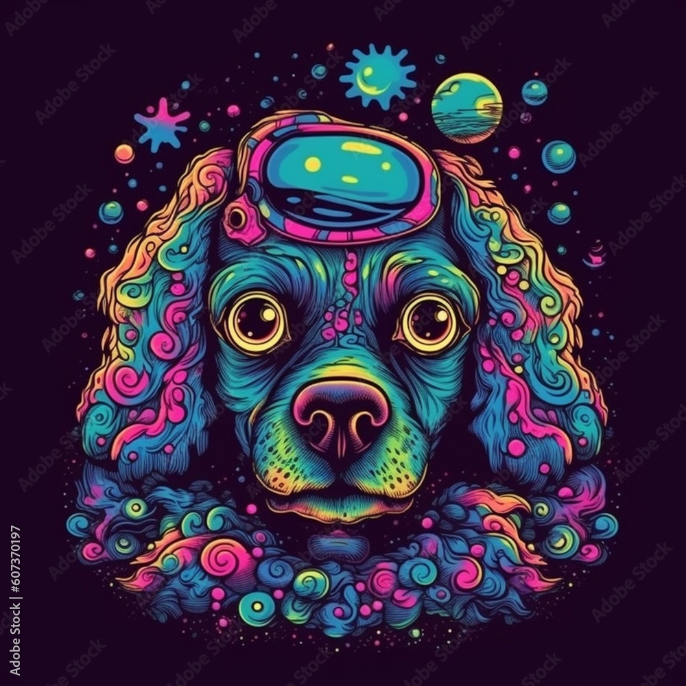 Psychedelic trippy dog cartoon 70s, rave style, acid color. Retrowave ...