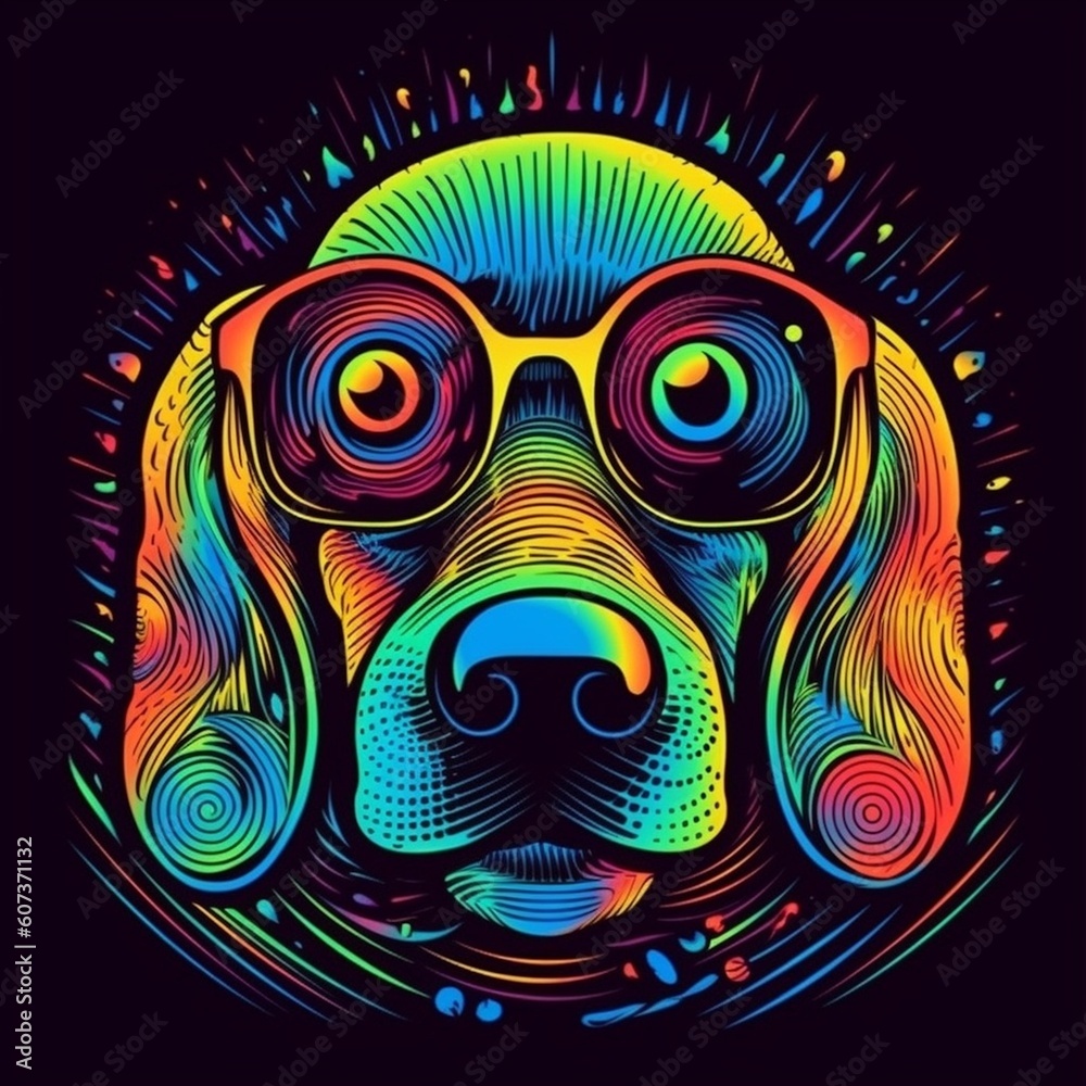 Psychedelic trippy dog cartoon 70s, rave style, acid color. Retrowave ...