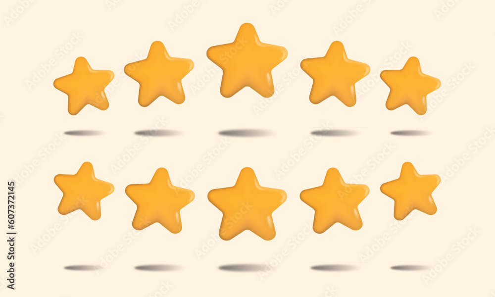 Realistic five stars glossy yellow color with highlights and shadows in position of the top and ...