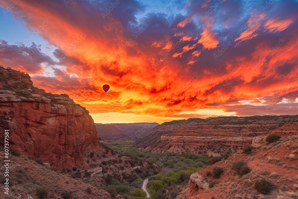 hot air balloon floating above fiery canyon sunset, with vibrant sky ...