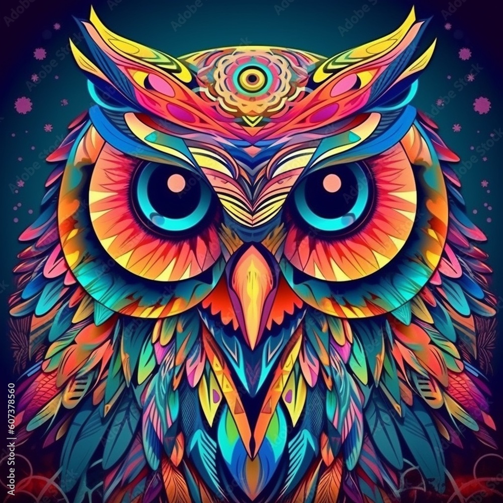 Psychedelic trippy owl cartoon 70s, rave style, acid color. Retrowave ...