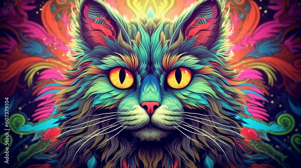 Psychedelic trippy cat cartoon 70s, rave style, acid color. Retrowave ...
