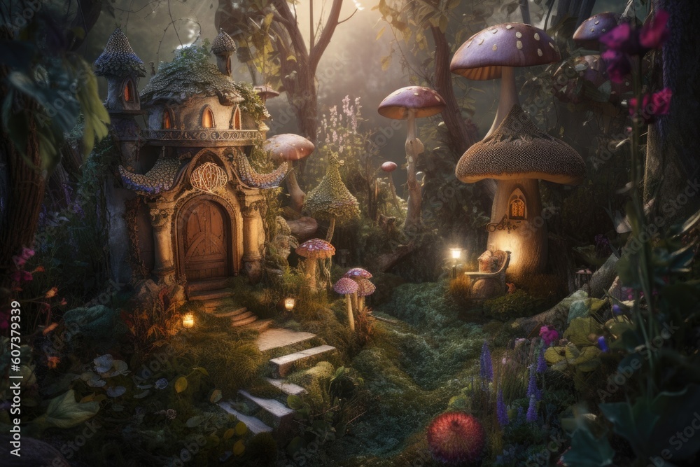 fantasy garden, with magical creatures and plants in a fairy tale ...