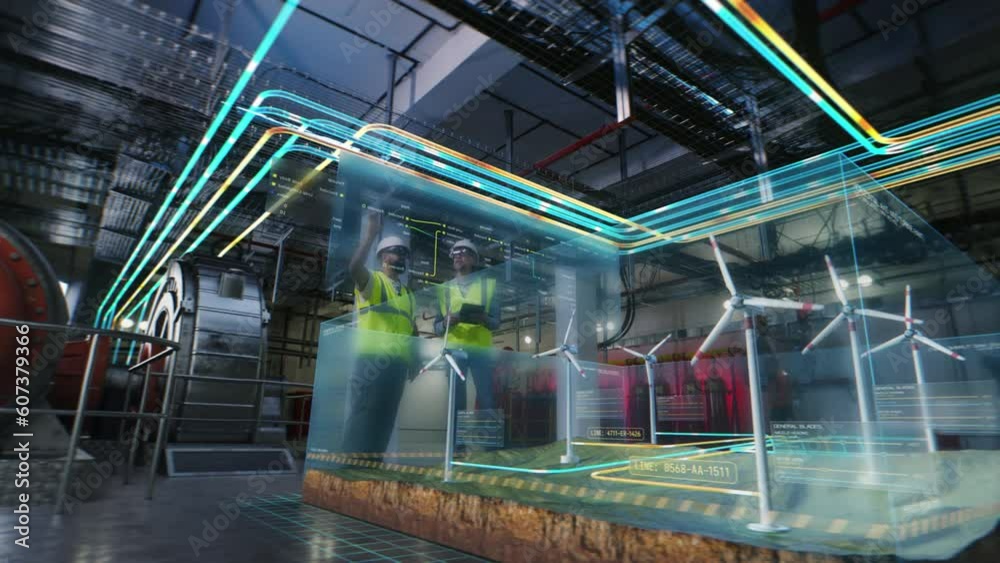 Two male workers in VR headsets on electrical distribution station. 3D ...