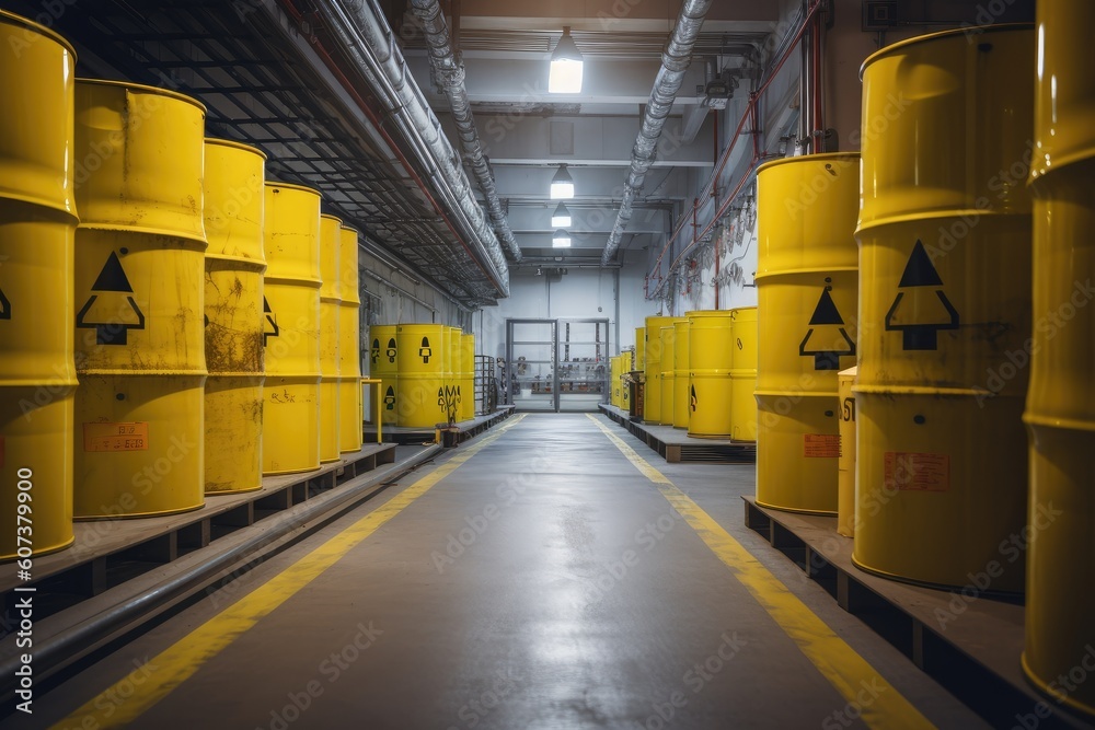 nuclear waste storage facility with radiation signs and warning symbols ...