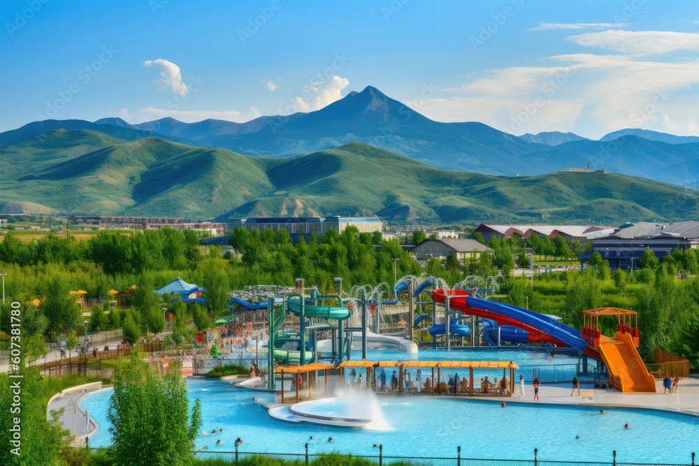 water park with view of scenic mountain range, with water slides and ...