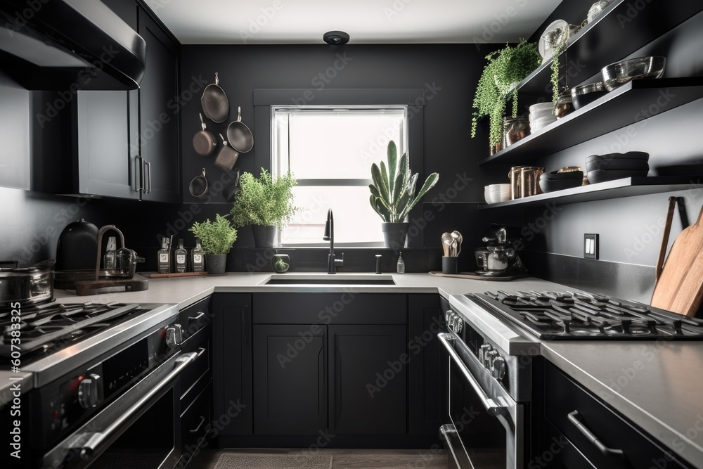 decluttered kitchen with sleek black appliances, white countertops, and ...