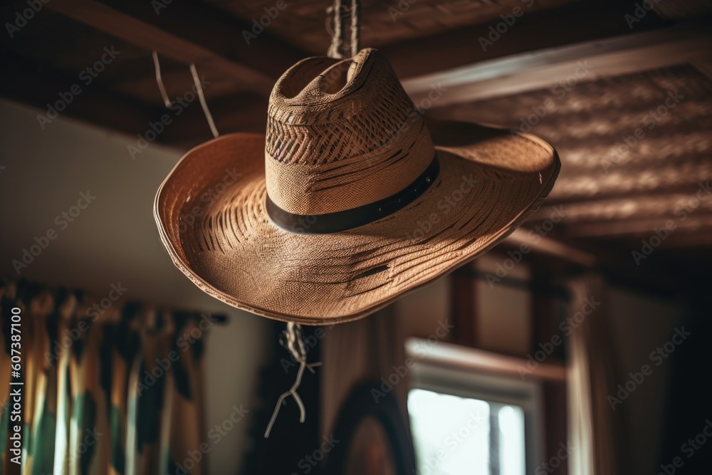 cowboy hat hanging from ceiling fan with rope, created with generative ...