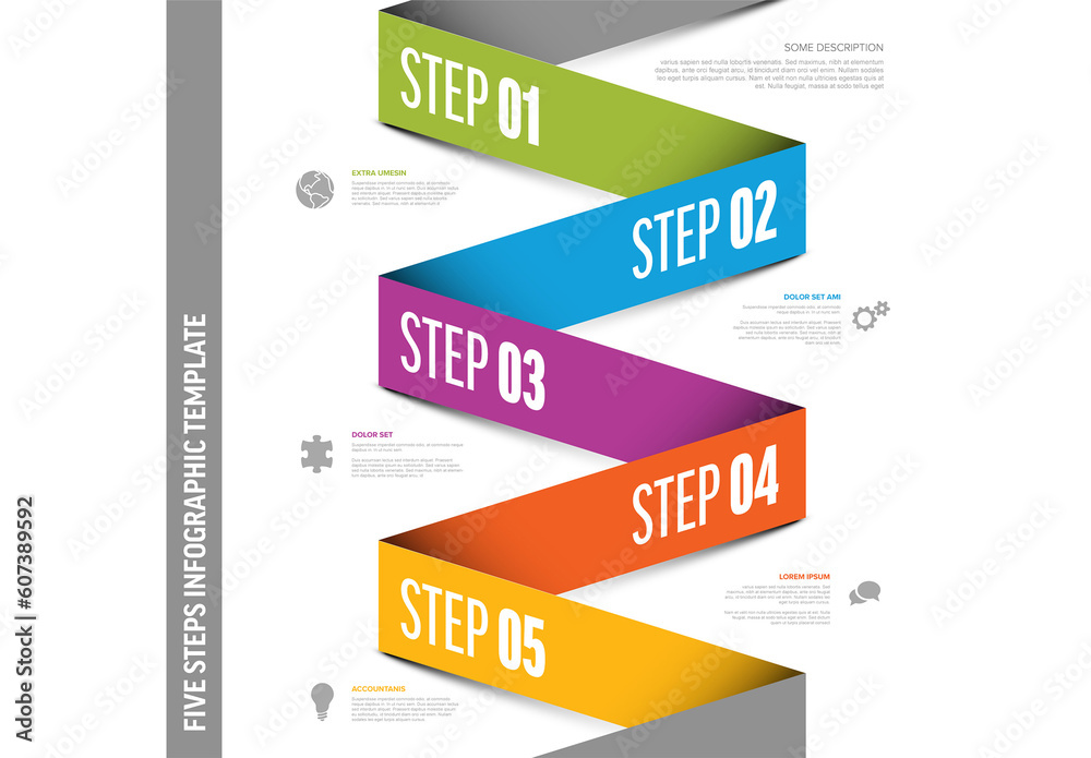 Five color stripe folded paper steps process infographic Stock Template ...